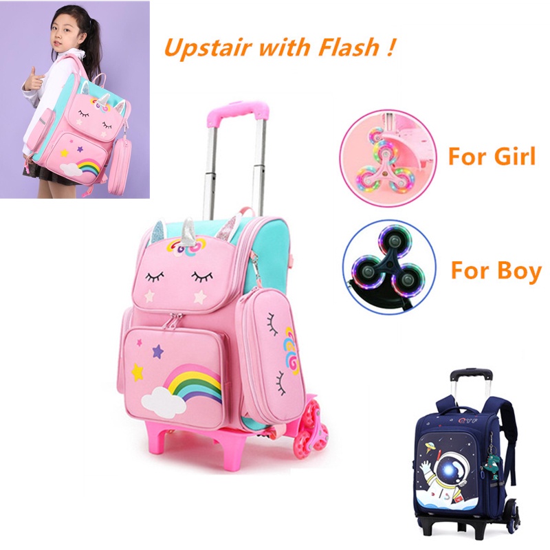 School Bag Trolley Flash Roller Wheels Kids Trolley Bag 拉杆 书包 Primary ...