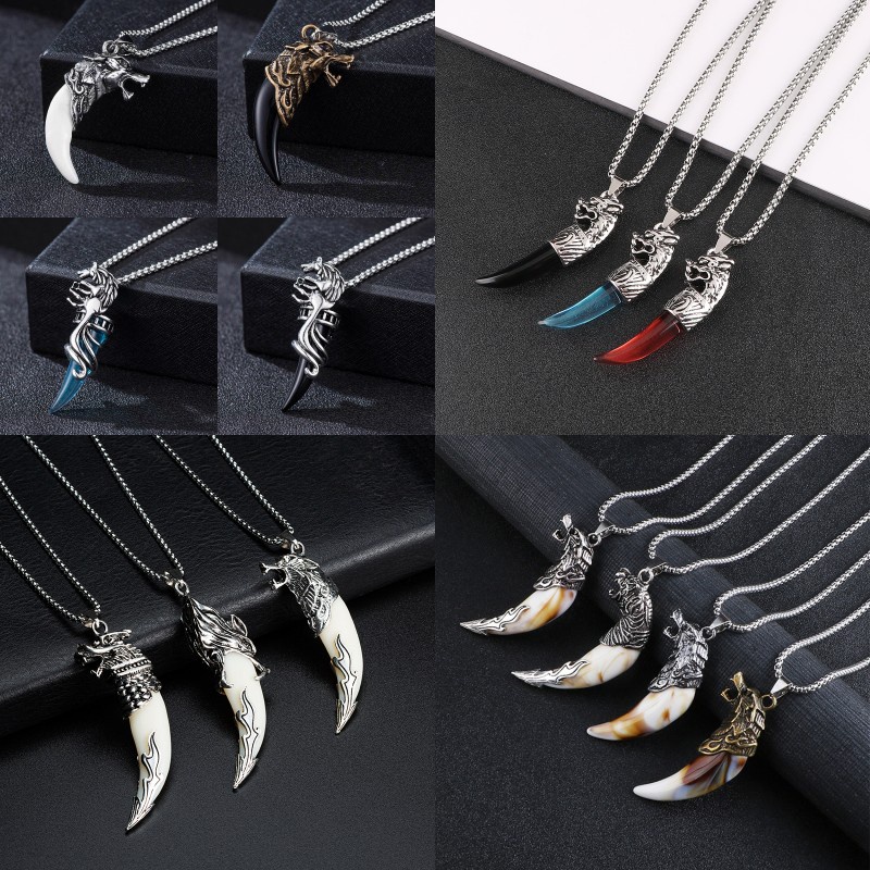 Hip Hop Wolf Teeth Pendant Necklace Viking Stainless Steel Long Chain ...