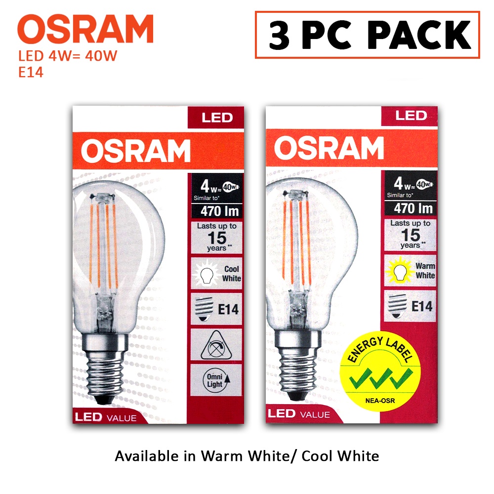3 PC PACK | Osram LED 4W=40W | E14 | Available in Cool White/ Warm ...