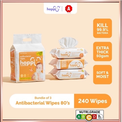 Hoppi 80 Wipes Premium Baby Antibacterial Wet Wipes x 3 Packs asean.os ...