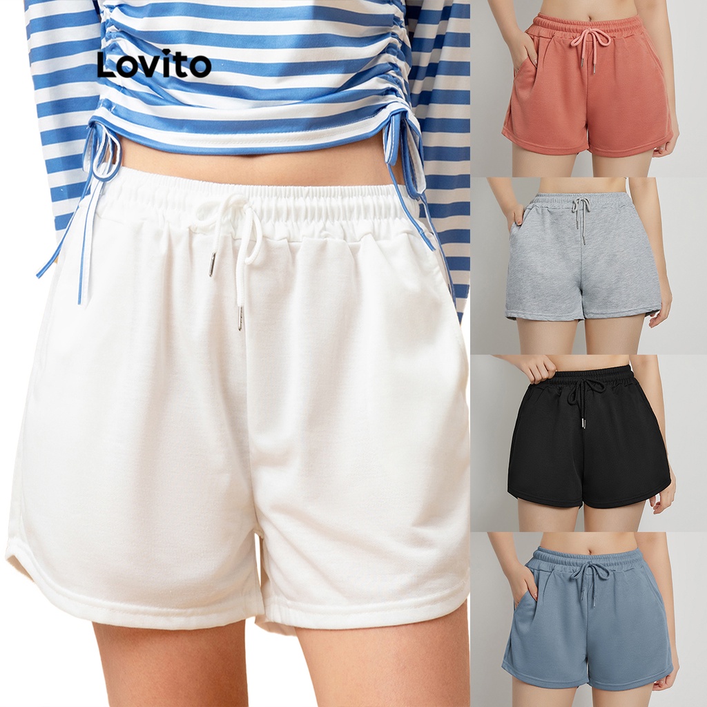 Lovito Casual Solid Drawstring Shorts For Woman L00242 White Black