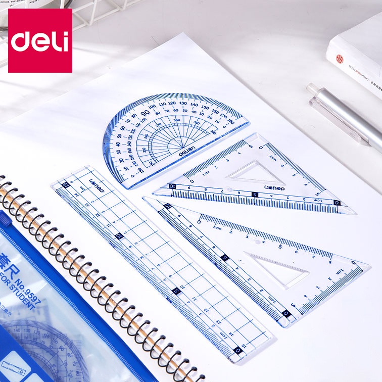 Deli 4 Pcs Transparent Ruler Set 15cm Ruler Geometry Compasses Ruler ...