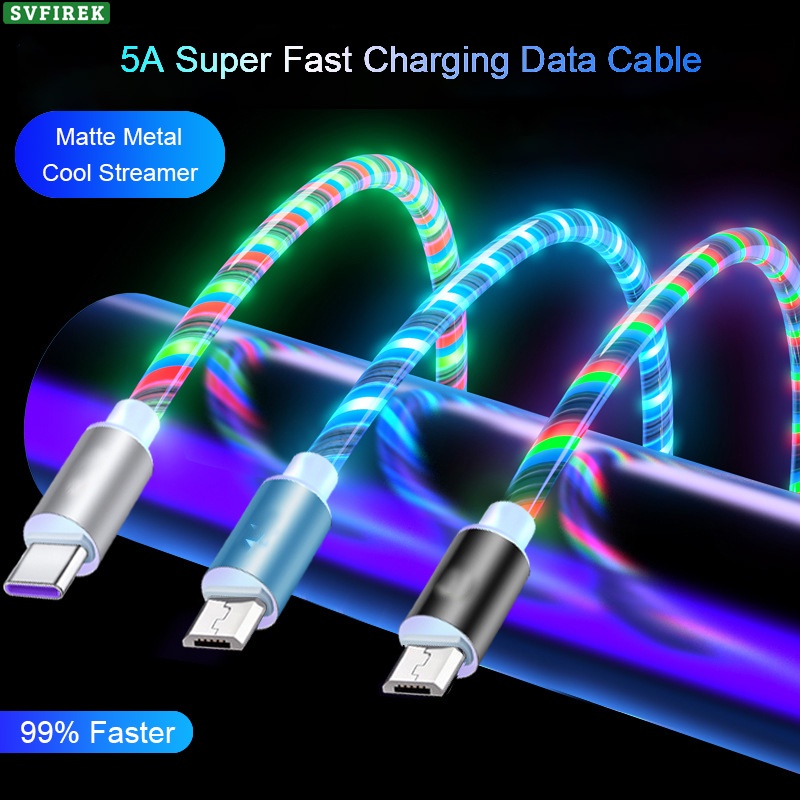 5A Fast Charging Cable LED Luminous Glow Flowing USB Cable Colorful ...