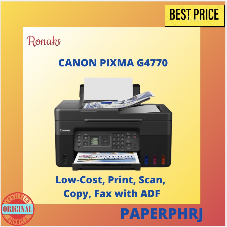 Canon PIXMA G4770 4770 Wireless Refillable Ink Tank Printer with ADF ...