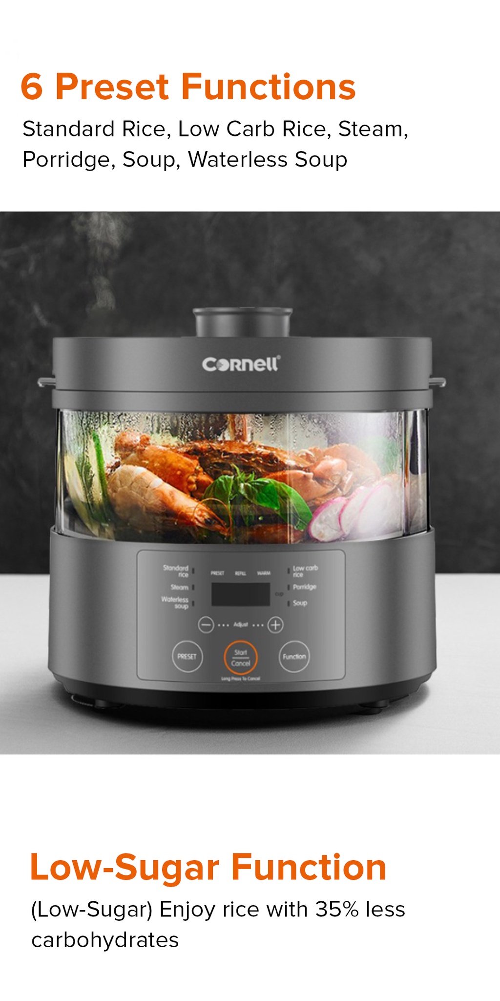 Cornell Steam Multi Cooker, Low Carb Rice Cooker and Waterless Soup ...