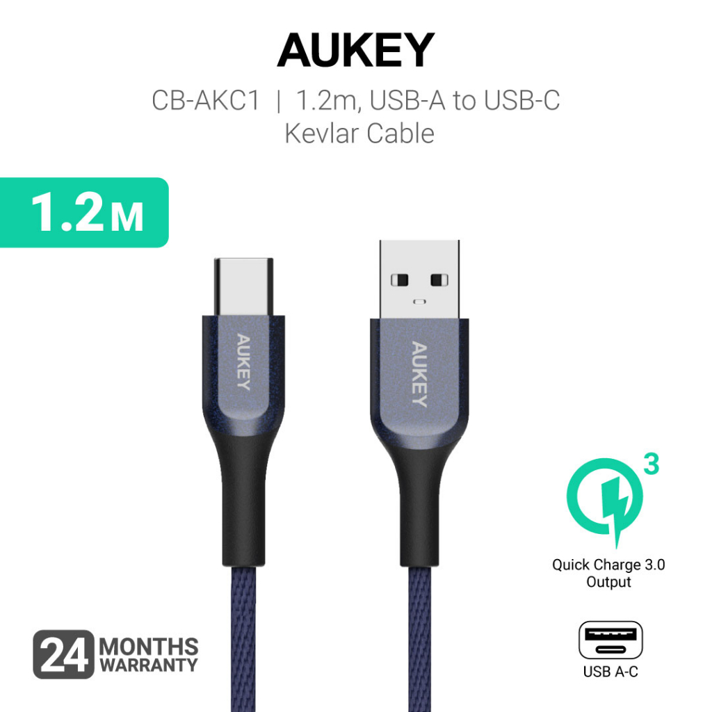 Aukey CB-AKC1 USB A To USB C Quick Charge 3.0 Kevlar Cable - 1.2M (24 ...