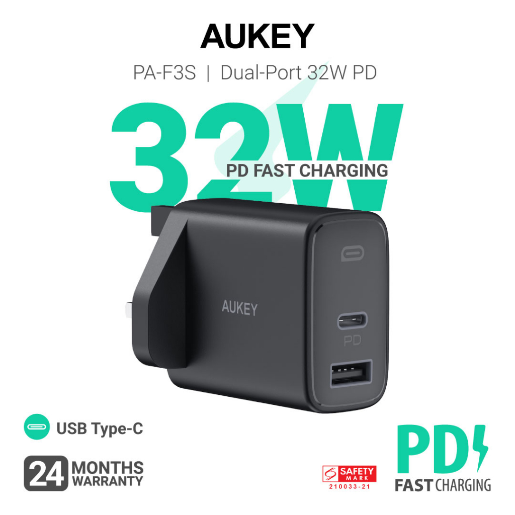 Aukey PA-F3S 32W Swift Series PD Dual USB-C & USB-A Wall Charger (24 ...