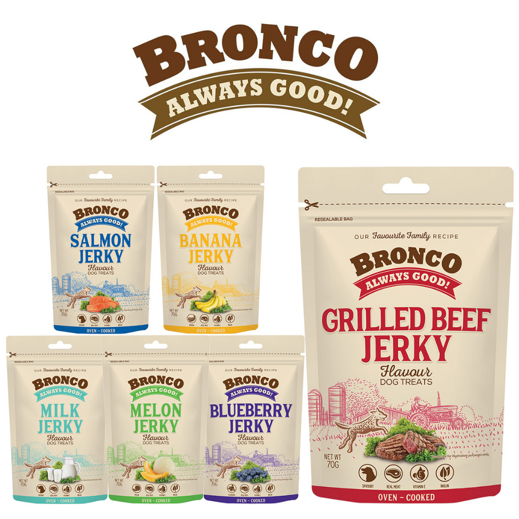 Bronco Jerky Dog Treats 70g -Beef, Blueberry, Melon, Salmon, Banana ...