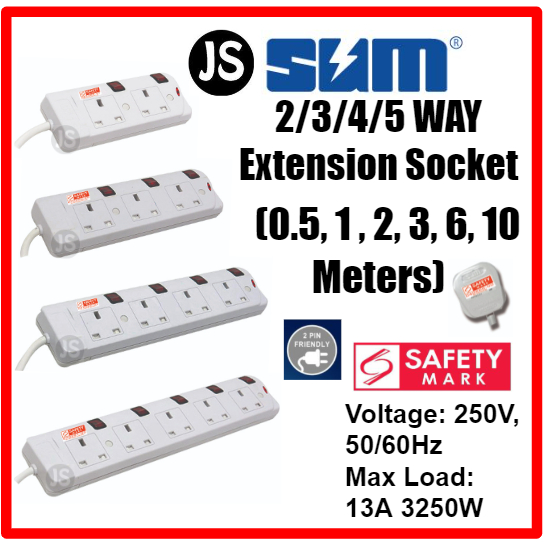 SUM 2/3/4/5 WAY Extension Socket (0.5, 1, 2, 3, 6, 10 Meters) With ...