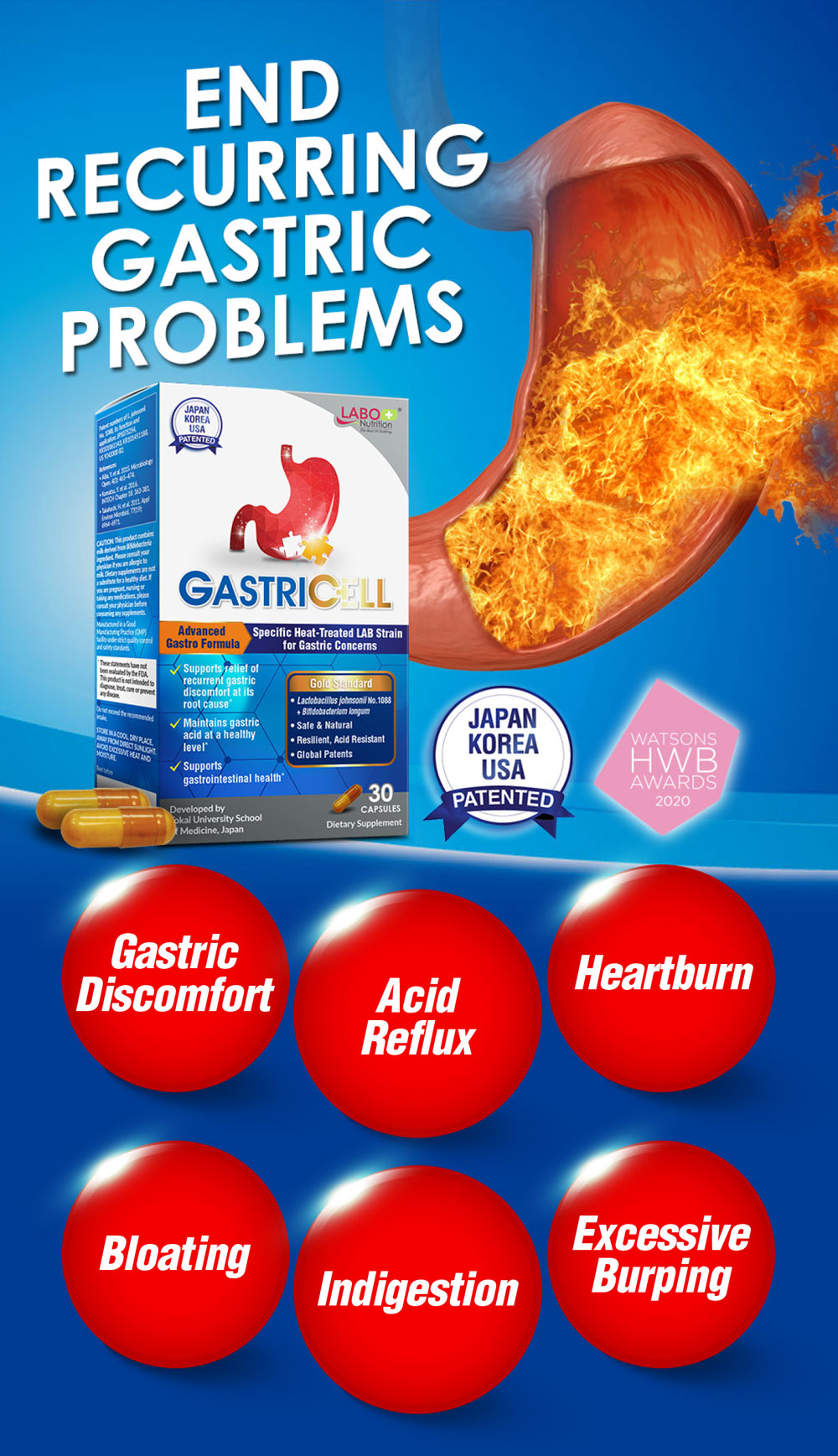 LABO Nutrition GastriCELL 30 Capsules, Eliminate Gastric Symptoms, H ...