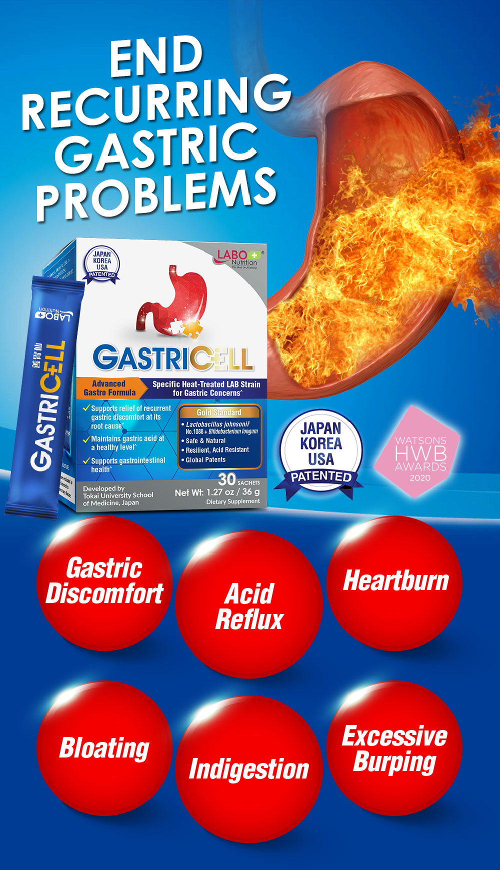 LABO Nutrition GastriCELL 30 Sachets, Eliminate Gastric Symptoms, H. P ...