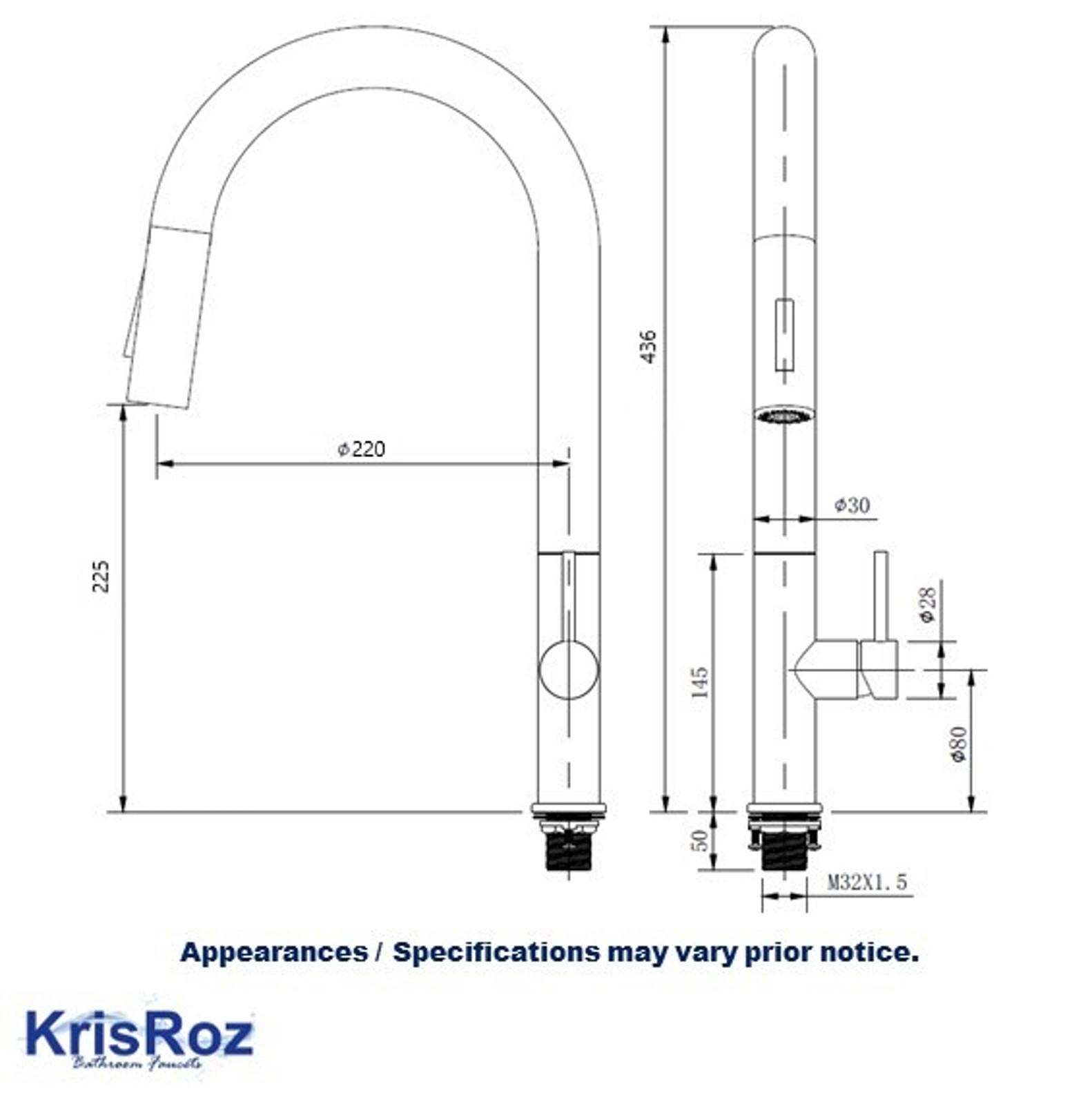 KRISROZ 811-CP PULL OUT SINK TAP CHROME (COLD ONLY)